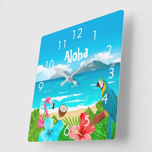Aloha tropical beach flamingo florals square wall clock | Zazzle