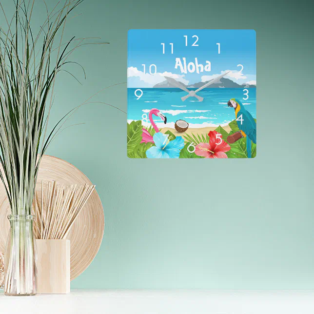 Aloha tropical beach flamingo florals square wall clock | Zazzle