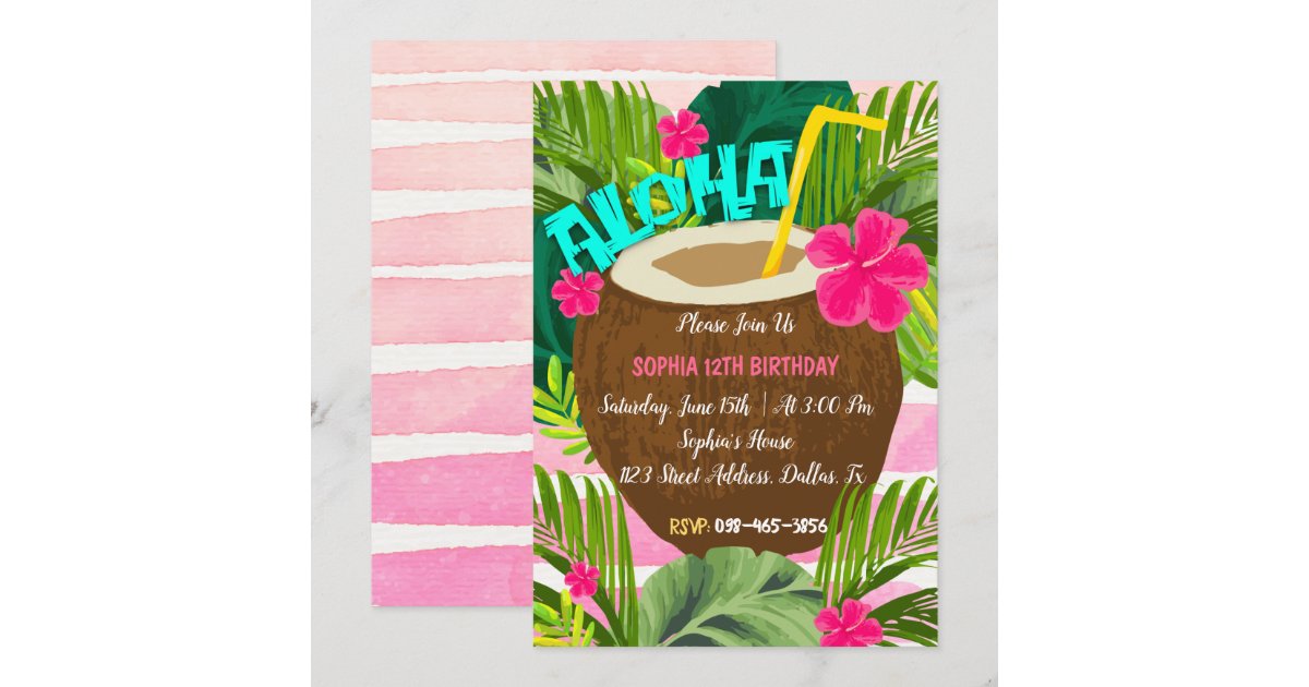 Aloha Tropical Coconut Birthday Invitation | Zazzle