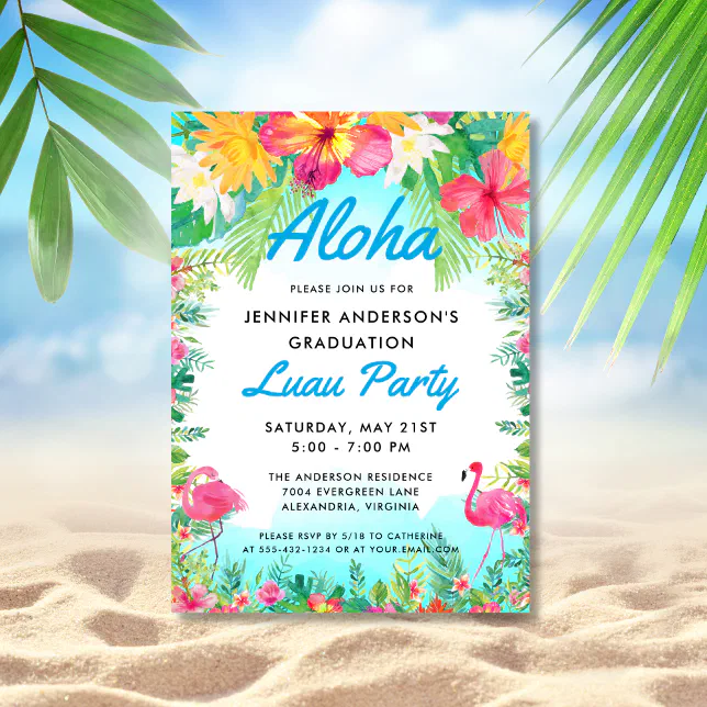 Aloha Tropical Flamingo Luau Party Graduation Blue Invitation | Zazzle
