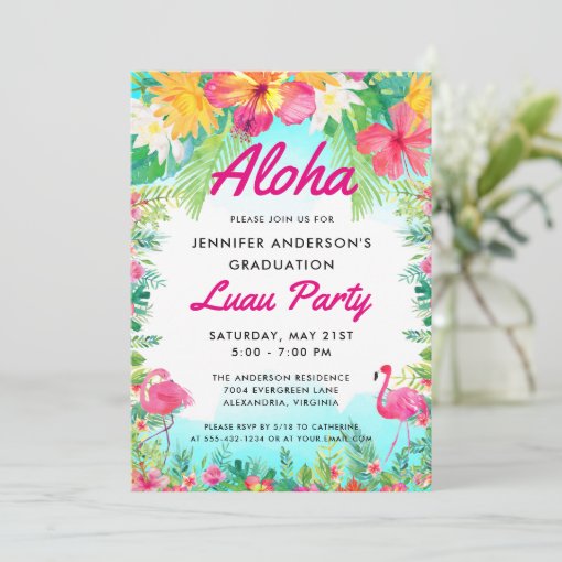 Aloha Tropical Flamingo Luau Party Graduation Invitation | Zazzle