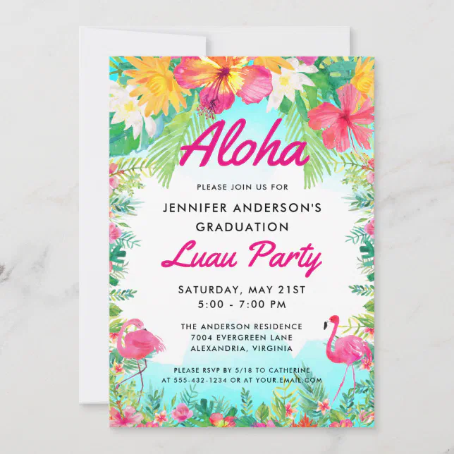 Aloha Tropical Flamingo Luau Party Graduation Invitation | Zazzle