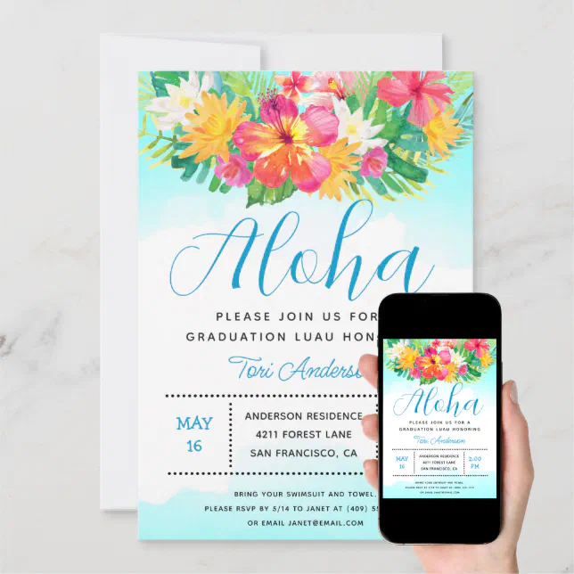 Aloha Tropical Graduation Luau Blue Invitation | Zazzle
