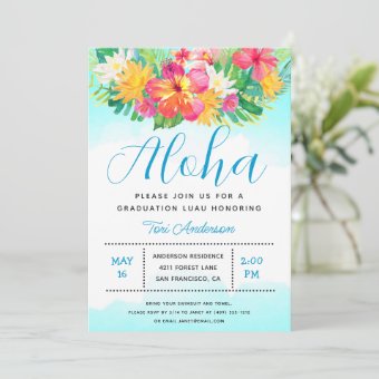 Aloha Tropical Graduation Luau Blue Invitation | Zazzle