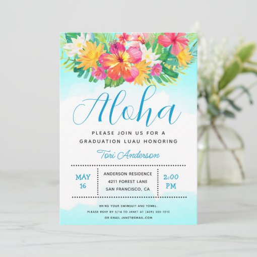Aloha Tropical Graduation Luau Blue Invitation | Zazzle