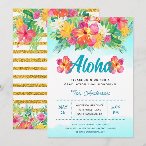 Aloha Tropical Graduation Luau Glitter Invitation | Zazzle