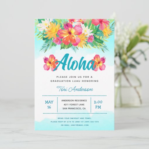 Aloha Tropical Graduation Luau Glitter Invitation | Zazzle