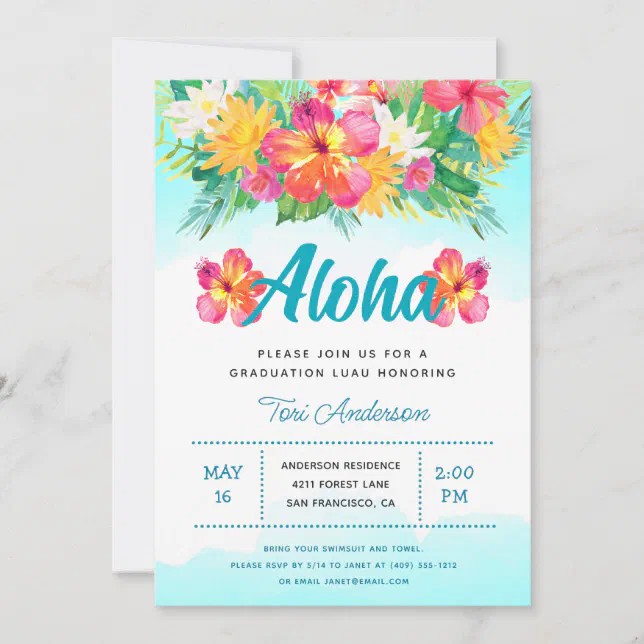 Aloha Tropical Graduation Luau Glitter Invitation | Zazzle