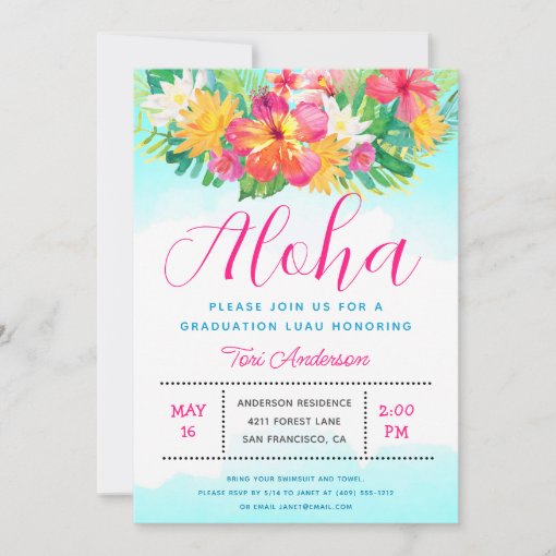 Aloha Tropical Graduation Luau Party Invitation | Zazzle