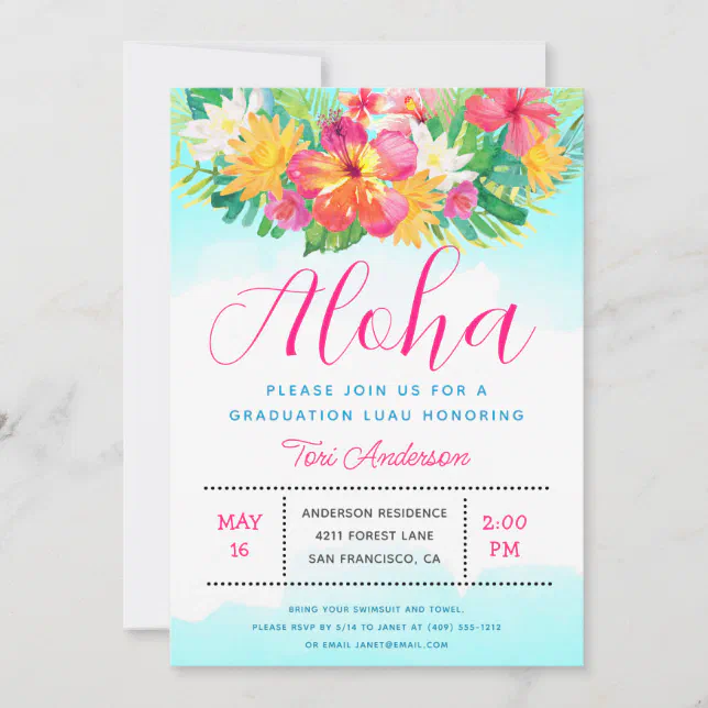 Aloha Tropical Graduation Luau Party Invitation | Zazzle