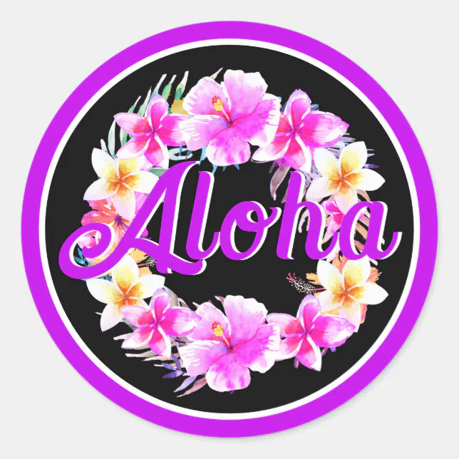 Aloha Tropical Luau Birthday Neon Purple Classic Round Sticker | Zazzle