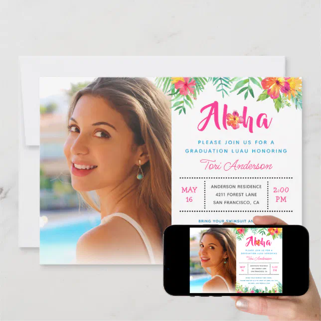 Aloha Tropical Luau Graduation Party Photo Invitation | Zazzle