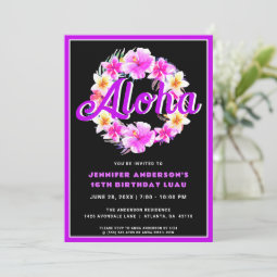 Aloha Tropical Luau Neon Purple Birthday Invitation | Zazzle