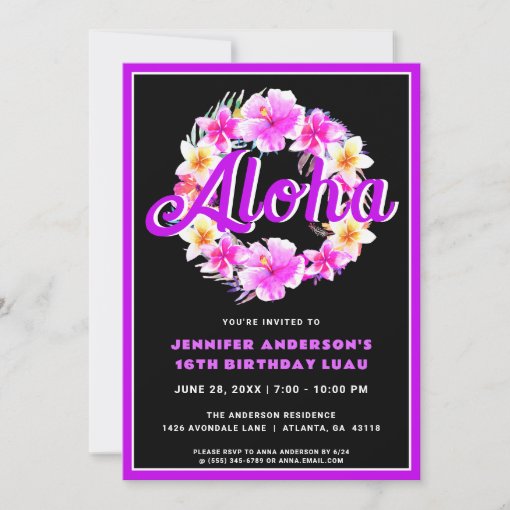 Aloha Tropical Luau Neon Purple Birthday Invitation | Zazzle