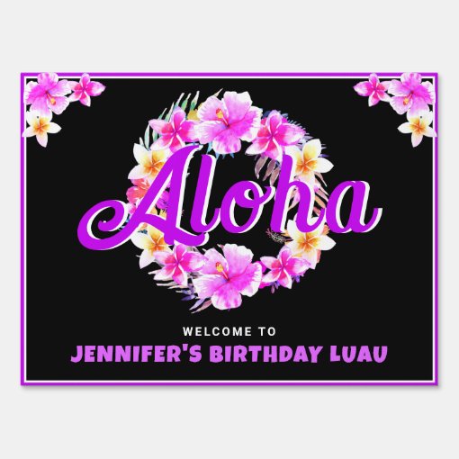 Aloha Tropical Luau Neon Purple Birthday Party Sign | Zazzle