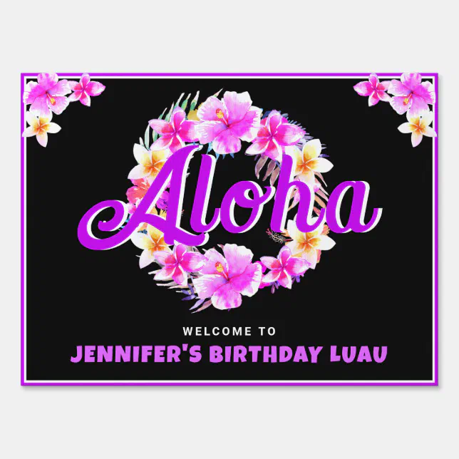 Aloha Tropical Luau Neon Purple Birthday Party Sign | Zazzle