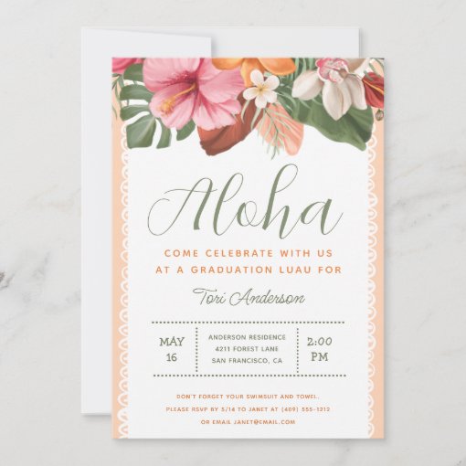 Aloha Tropical Luau Stylish Graduation Party Invitation | Zazzle