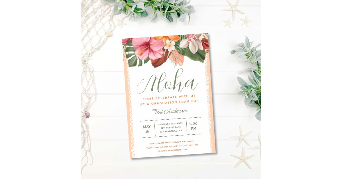 Aloha Tropical Luau Stylish Graduation Party Invitation | Zazzle
