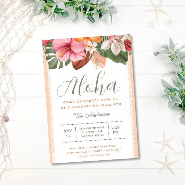 Aloha Tropical Luau Stylish Graduation Party Invitation | Zazzle