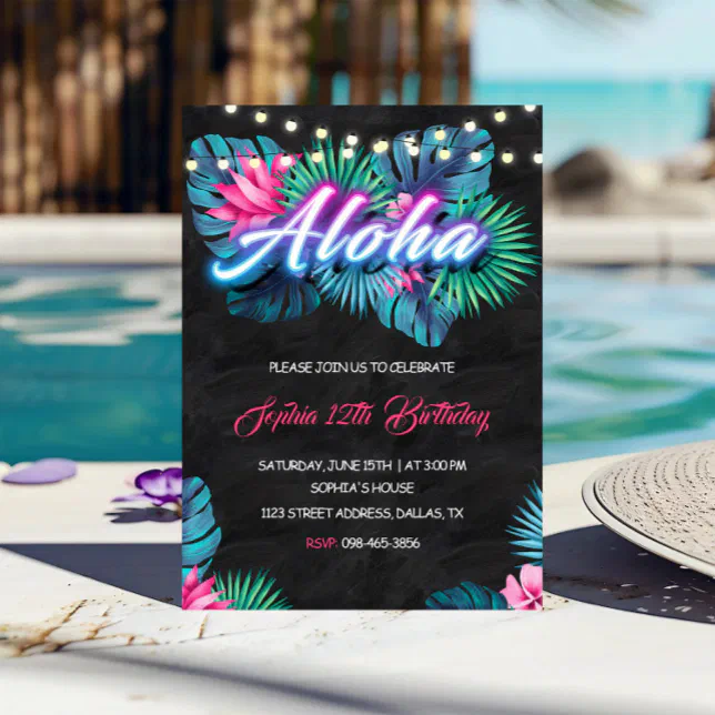 Aloha Tropical Neon Birthday Invitation | Zazzle