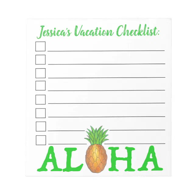ALOHA Tropical Pineapple Vacation Checklist Notepad | Zazzle