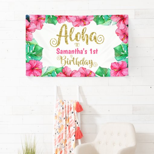 Aloha Tropical Pink Floral Birthday Party Banner | Zazzle