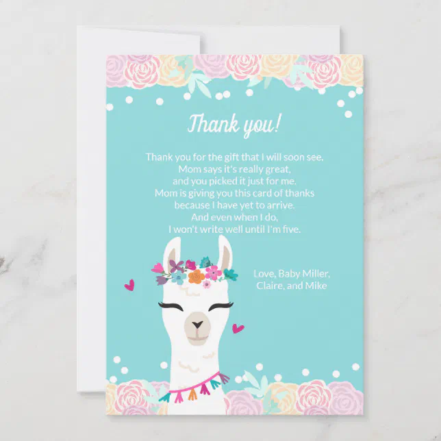 Alpaca Face Baby Shower Thank You Card | Zazzle