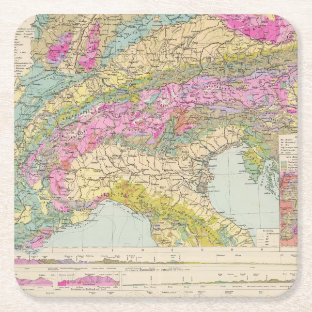 Alpenlander - Atlas Map of the Alps Square Paper Coaster | Zazzle