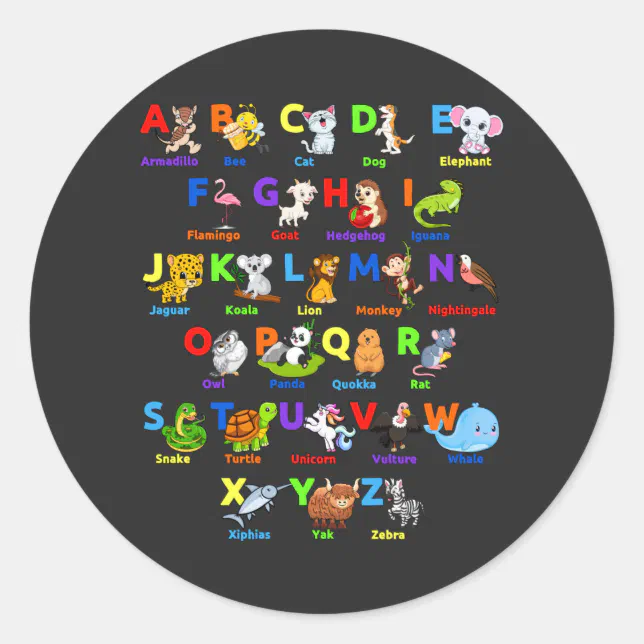 Alphabet Animal ABCs Learning Classic Round Sticker | Zazzle