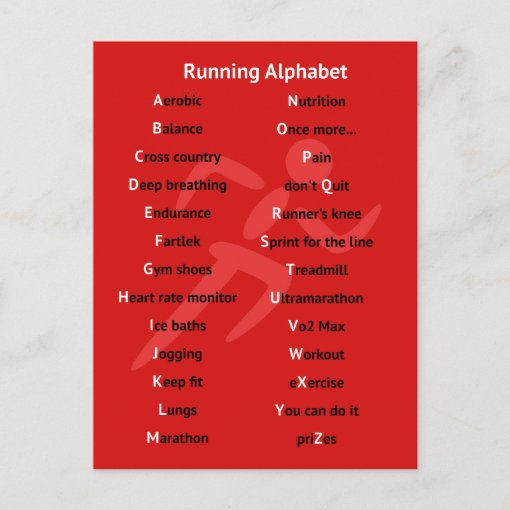 Alphabet for runners red postcard | Zazzle