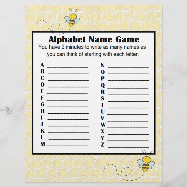 Alphabet Name Game and Baby Shower Bingo Game Flyer | Zazzle
