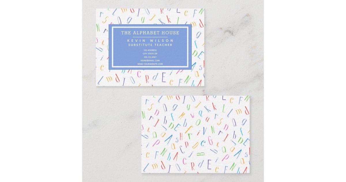Alphabet Pattern - Substitute Teacher / Tutor Business Card | Zazzle