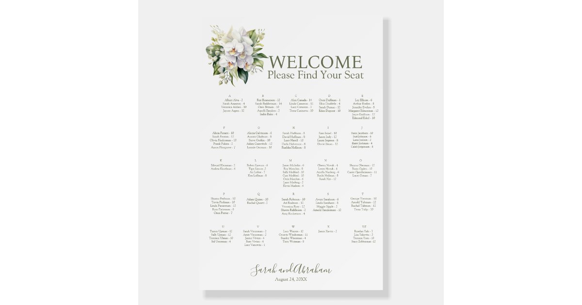 Alphabetic Alphabetical Wedding Seating Chart Foam Board | Zazzle