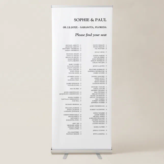 Alphabetical 80 Guest Classic Seating Chart Retractable Banner | Zazzle