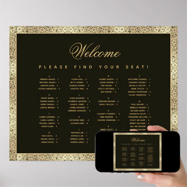 Alphabetical Black Gold Vintage Seating Chart | Zazzle