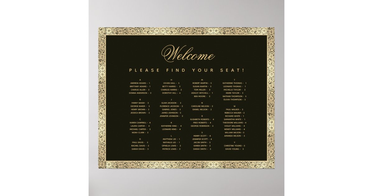Alphabetical Black Gold Vintage Seating Chart | Zazzle