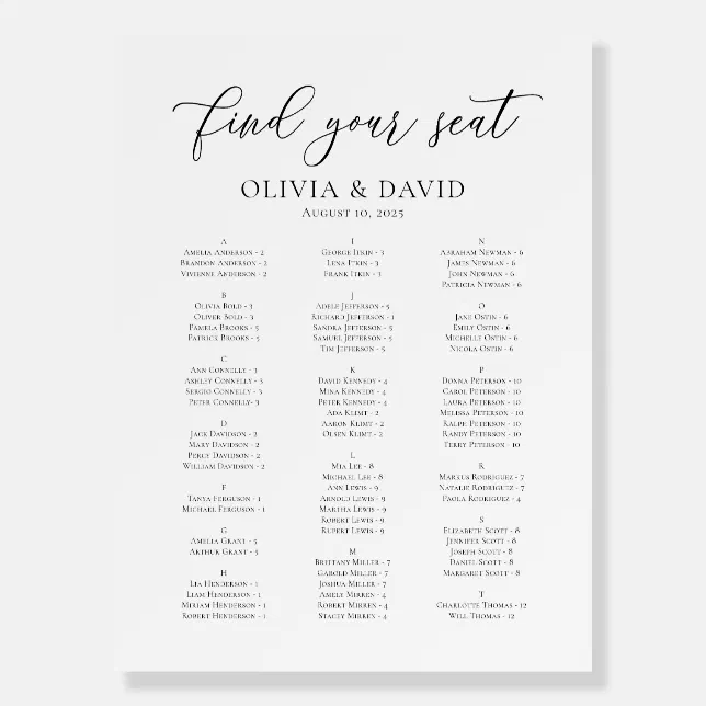Alphabetical Elegant Find Your Seat Seating Chart Foam Board | Zazzle