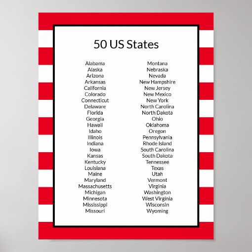 Alphabetical List of 50 US States Poster | Zazzle