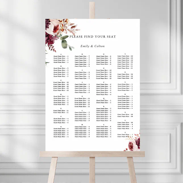 Alphabetical Order Autumn Wedding Seating Chart | Zazzle