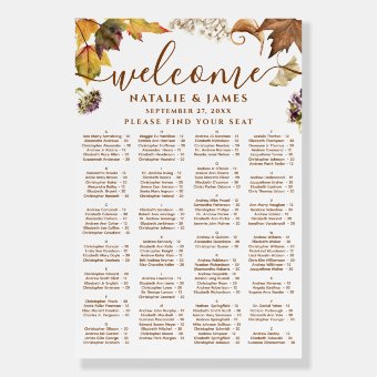 Alphabetical Seating Chart Autumn Fall Wedding Foam Board | Zazzle