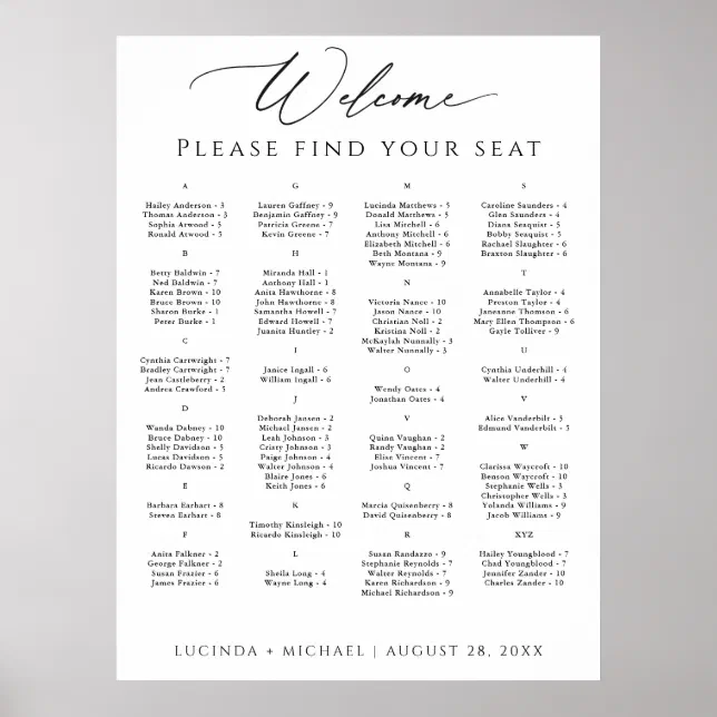 Alphabetical Seating Chart for 100 Guests | Zazzle