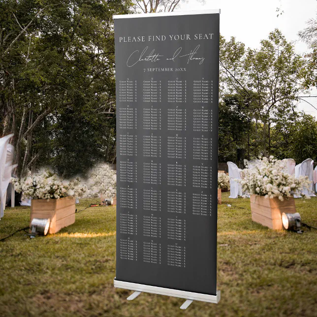 Alphabetical Wedding Seating Chart Black Retractable Banner | Zazzle