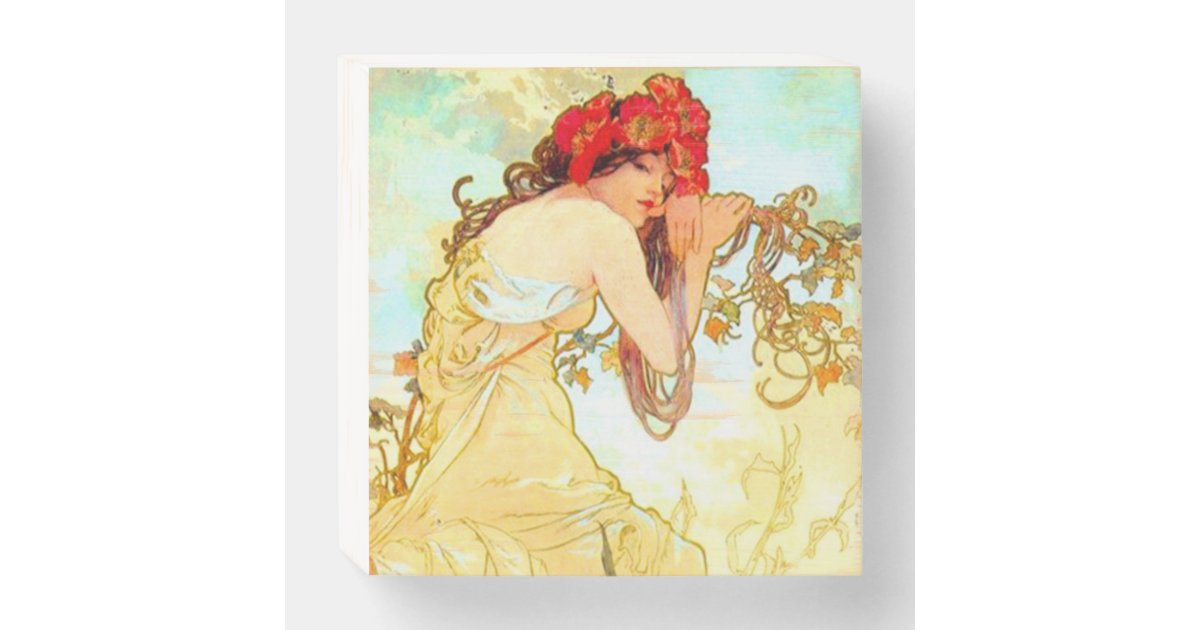Alphonse Mucha Art Nouveau Summer Wooden Box Sign | Zazzle