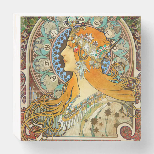 Alphonse Mucha Art Nouveau Zodiac Wooden Box Sign | Zazzle