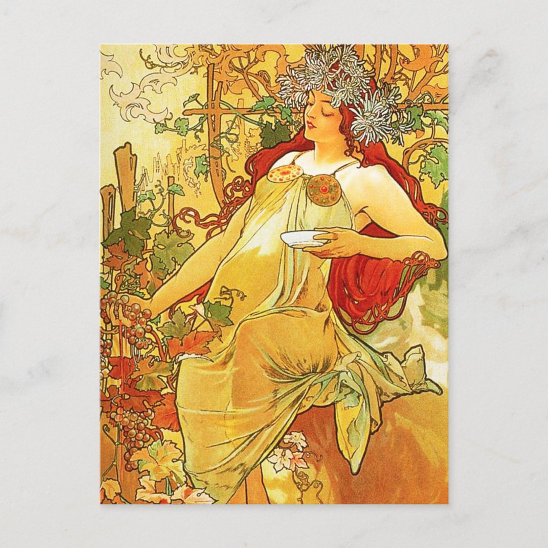 Alphonse Mucha Autumn Postcard | Zazzle