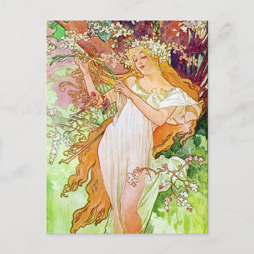 Alphonse Mucha Girl In Garden Postcard | Zazzle