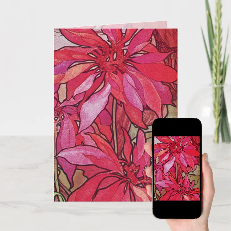 Alphonse Mucha Poinsettias Christmas Card Template | Zazzle