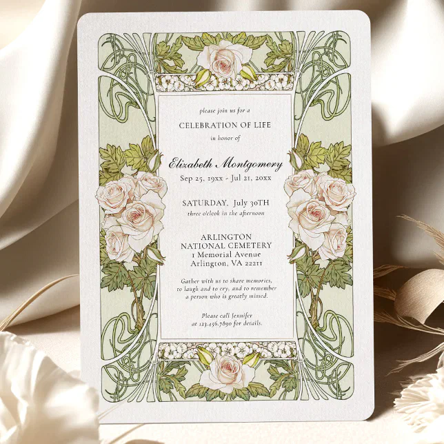 Alphonse Mucha Roses Celebration of Life Invitation | Zazzle