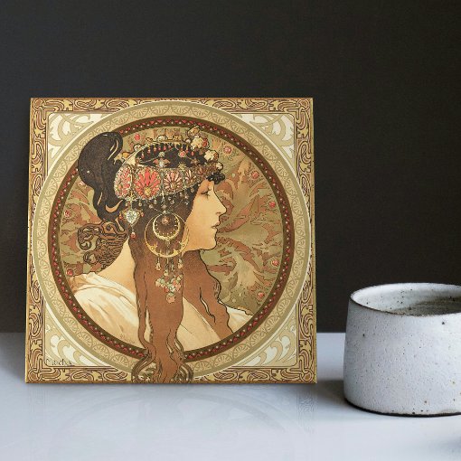 Alphonse Mucha Woman Portrait Art Nouveau Vintage Ceramic Tile | Zazzle
