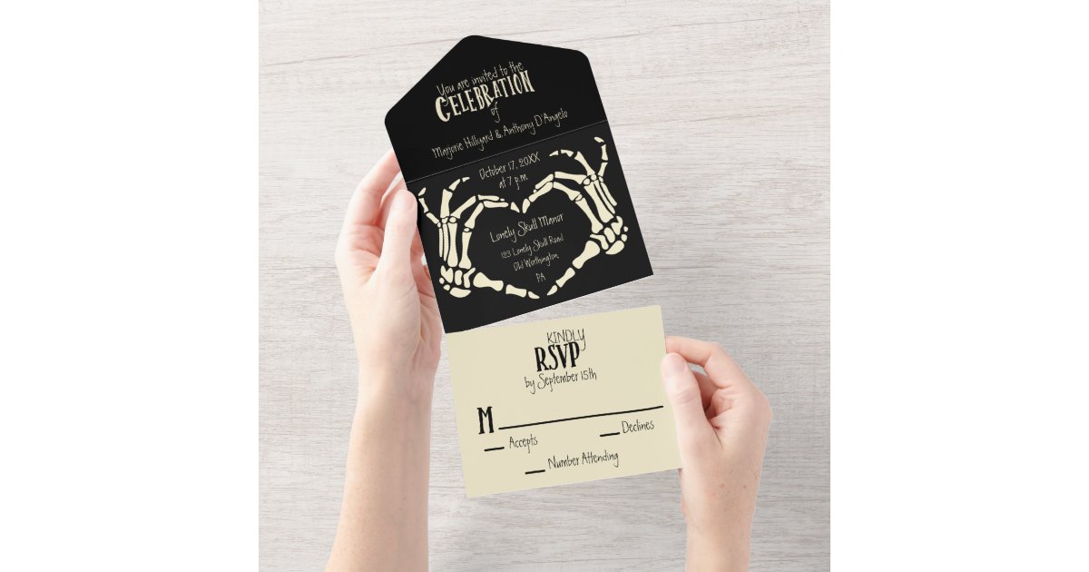 Alt. Heart Shaped Skeleton Hands Heart Wedding All In One Invitation ...